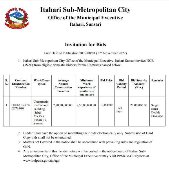 Invitation for Bids (Construction of School Building-Jabdi Ma. Vi, Itahari-19) (2079-08-01 ...